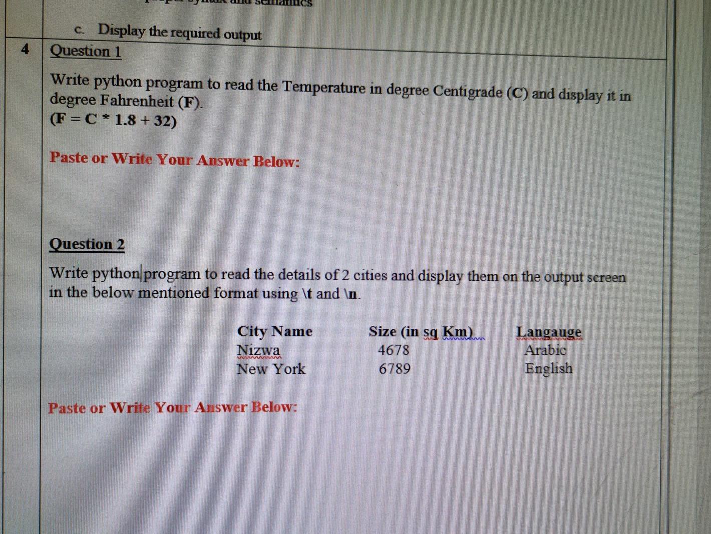 Solved c. Display the required output Question 1 Write | Chegg.com