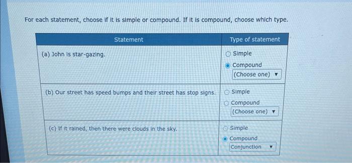 Solved For each statement, choose if it is simple or | Chegg.com