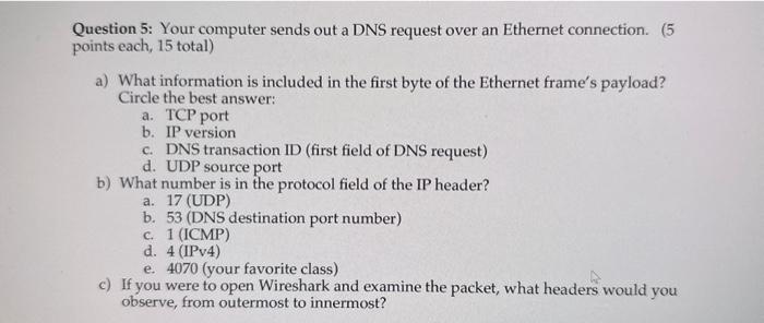 Solved Question 5: Your computer sends out a DNS request | Chegg.com