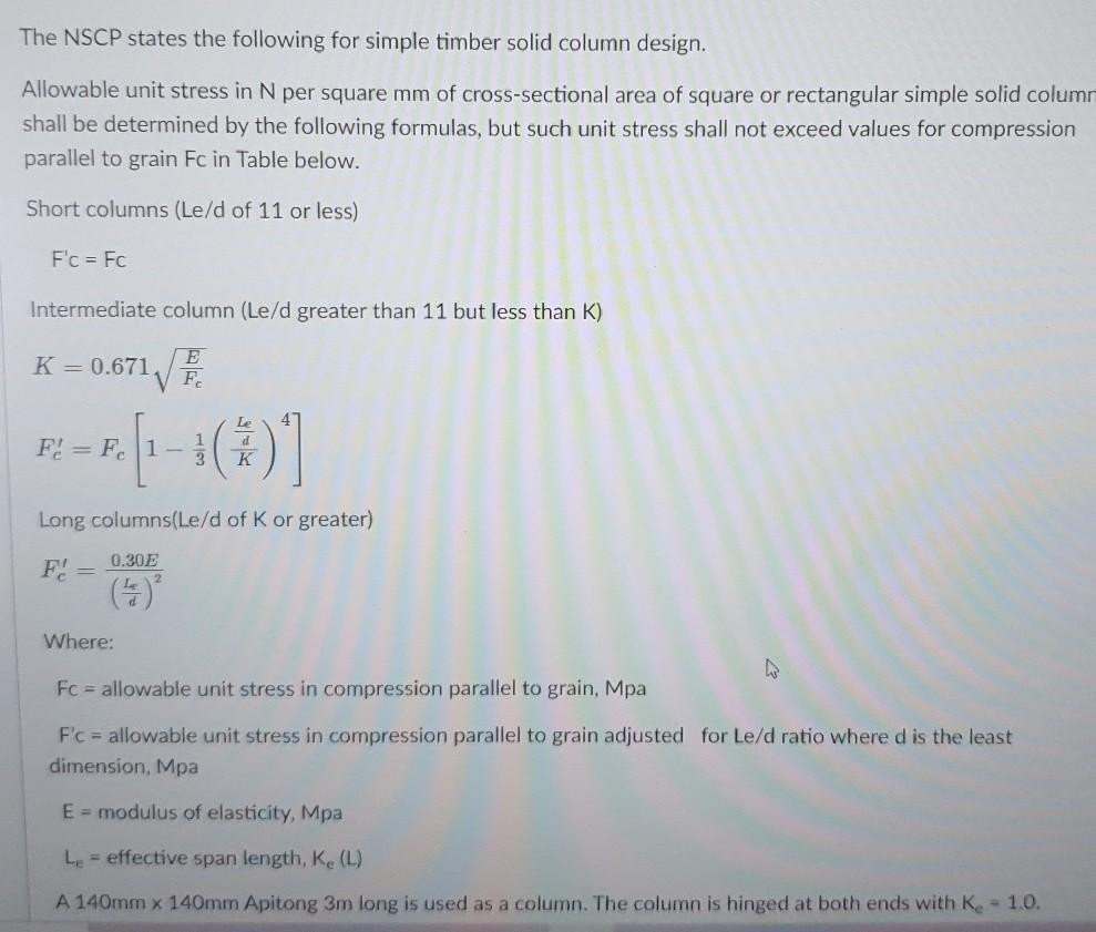 Solved The NSCP states the following for simple timber solid | Chegg.com
