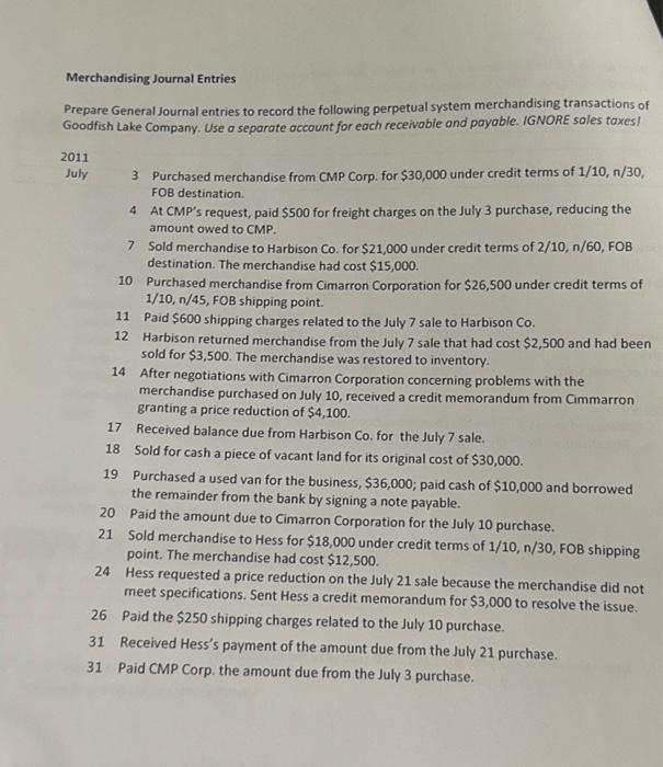 Solved Merchandising Journal Entries Prepare General Journal | Chegg.com