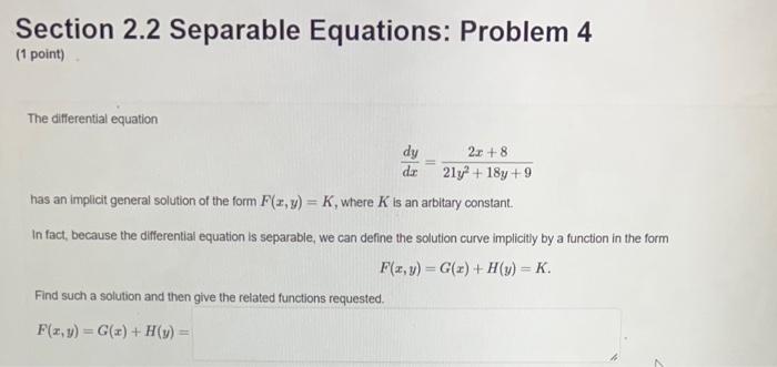 Solved Section 2 2 Separable Equations Problem 4 1 Point