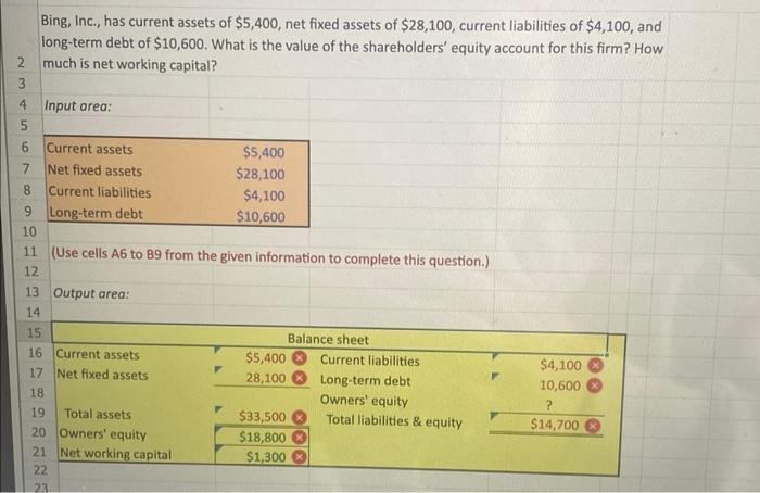 Solved Bing, Inc., has current assets of $5,400, net fixed | Chegg.com