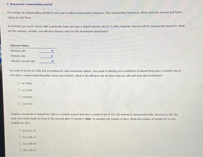 Solved 9. Nonannual compounding period The number of | Chegg.com