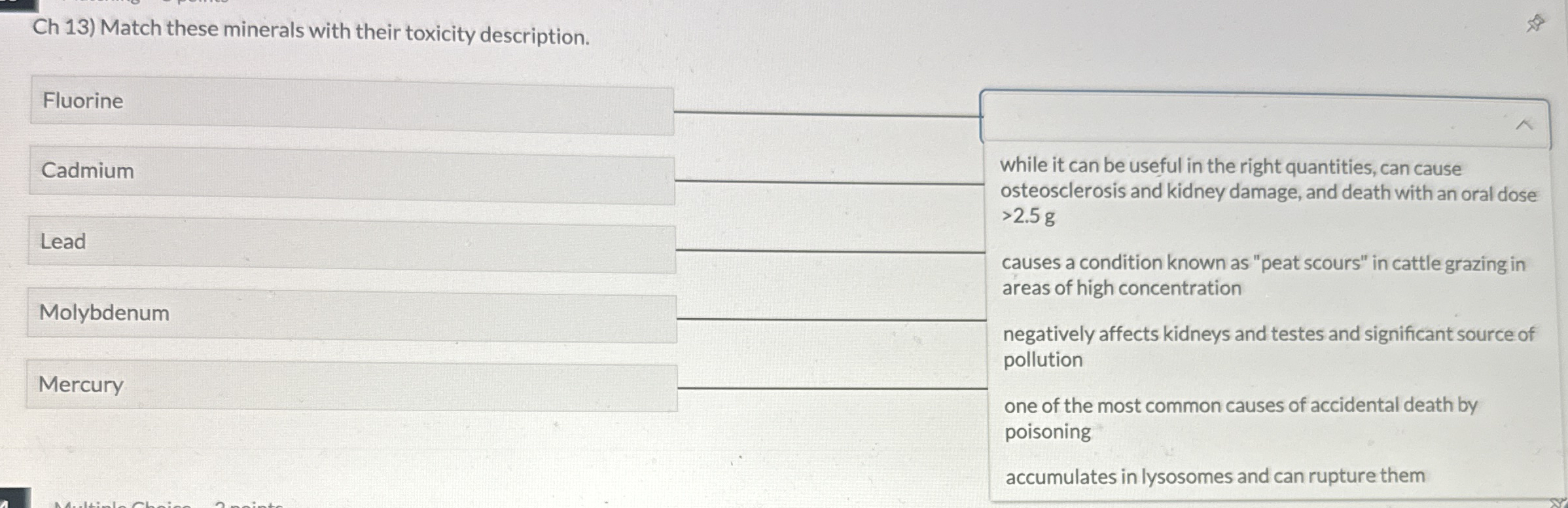 Solved Ch 13) ﻿Match these minerals with their toxicity | Chegg.com