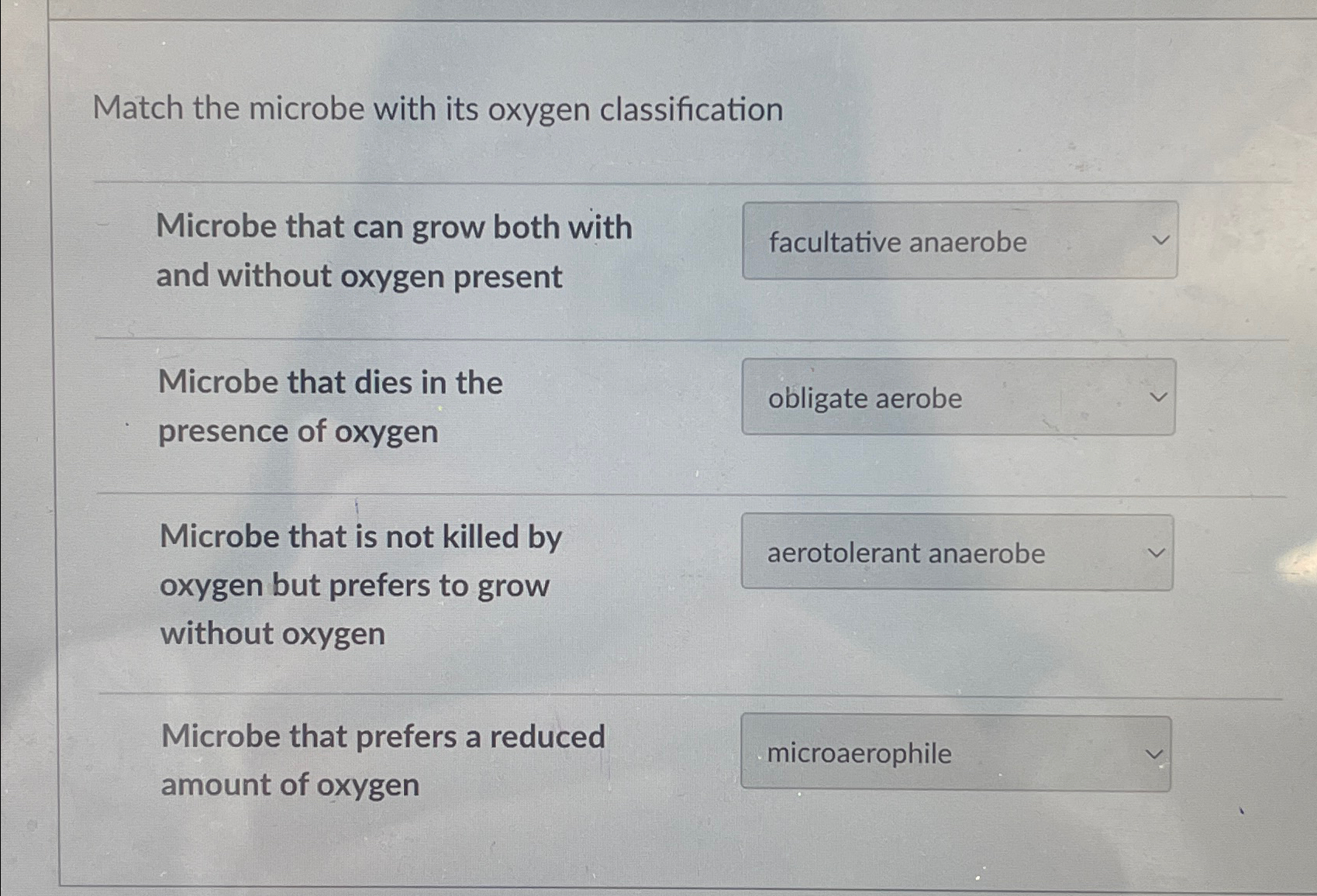 Solved Match the microbe with its oxygen | Chegg.com
