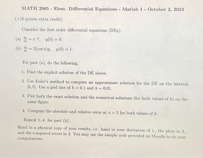 Solved MATH 2065 - Elem. Differential Equations - Matlab 1 - | Chegg.com