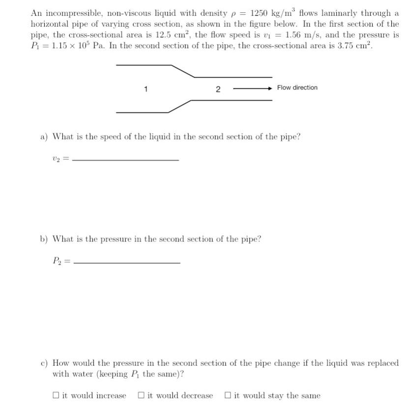 Solved An incompressible, non-viscous liquid with density | Chegg.com