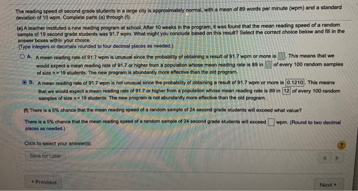 Solved The reading speed of second grade students in a large | Chegg.com