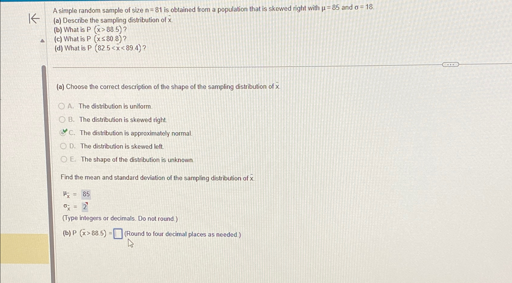 Solved A simple random sample of size n=81 ﻿is obtained from | Chegg.com