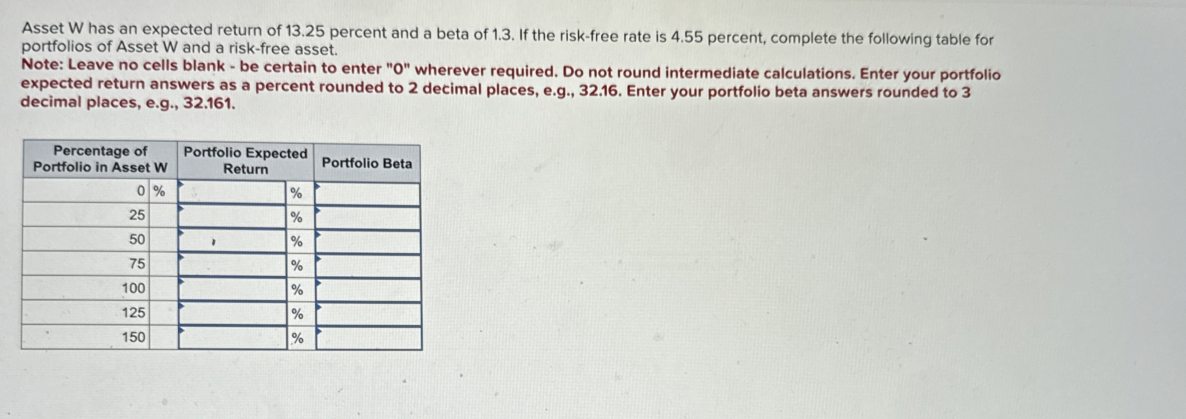 Solved Asset W ﻿has an expected return of 13.25 ﻿percent and | Chegg.com