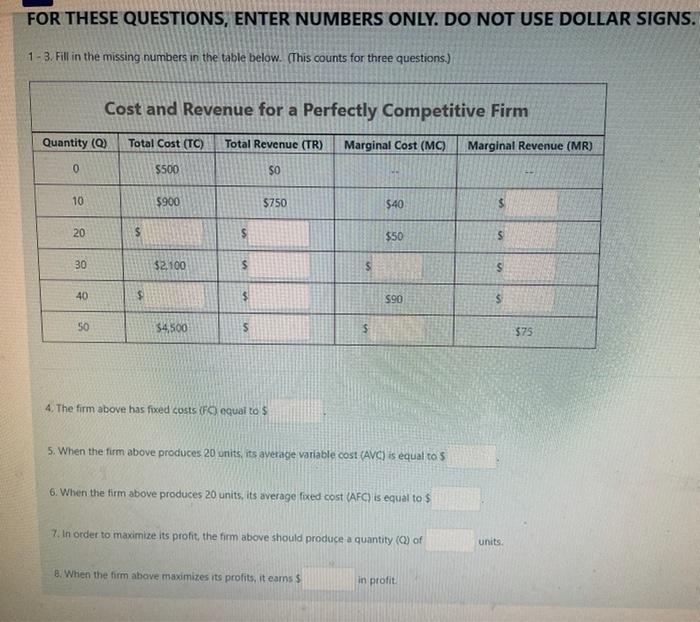Solved FOR THESE QUESTIONS, ENTER NUMBERS ONLY. DO NOT USE | Chegg.com