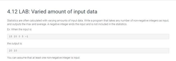 Solved 4.12 LAB: Varied amount of input data Statistics are | Chegg.com