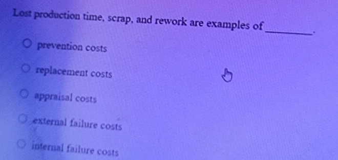 Solved Lost production time, scrap, and rework are examples | Chegg.com