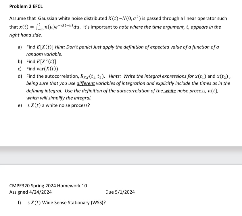 Solved Problem 2 ﻿EFCLAssume that Gaussian white noise | Chegg.com