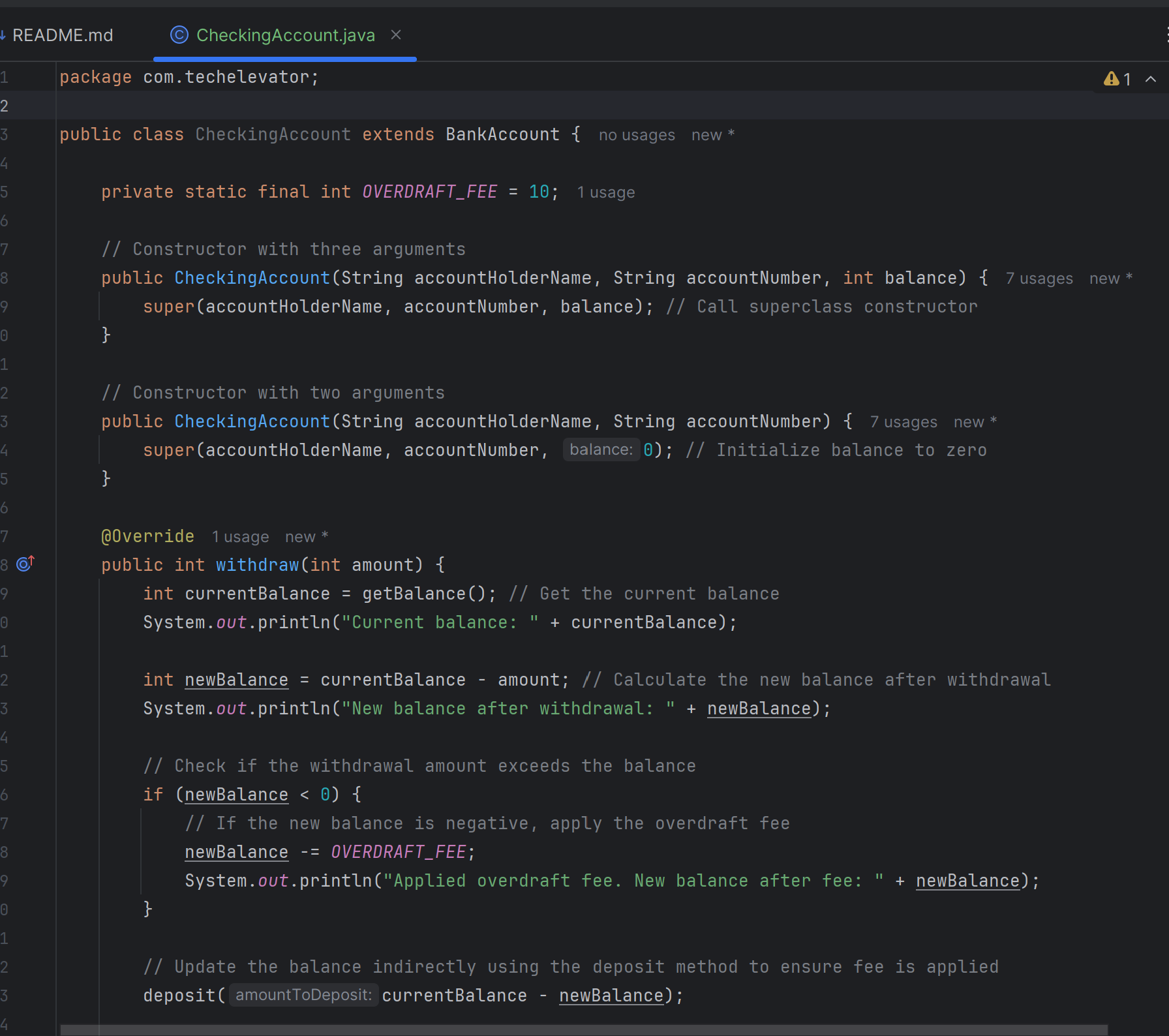 Solved package com.techelevator;public class CheckingAccount | Chegg.com
