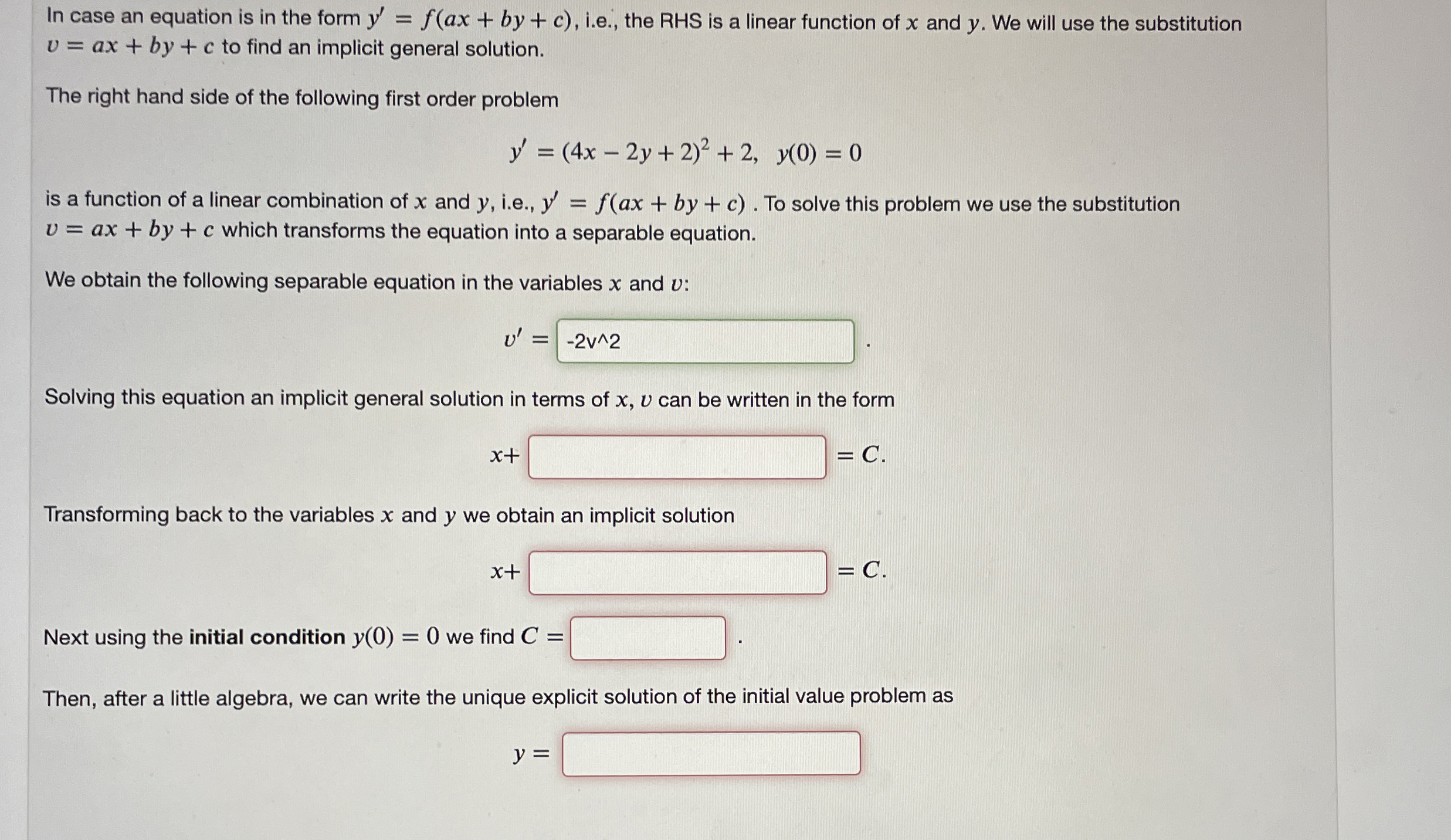 Solved In case an equation is in the form y'=f(ax+by+c), | Chegg.com