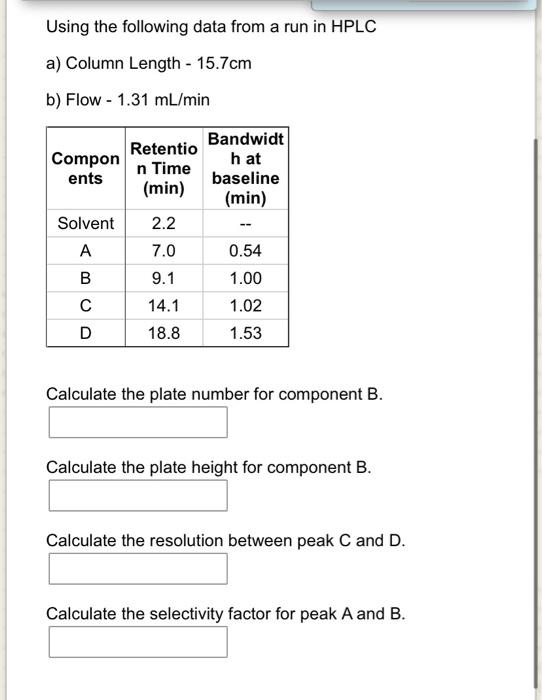 Solved Using the following data from a run in HPLC a) Column | Chegg.com
