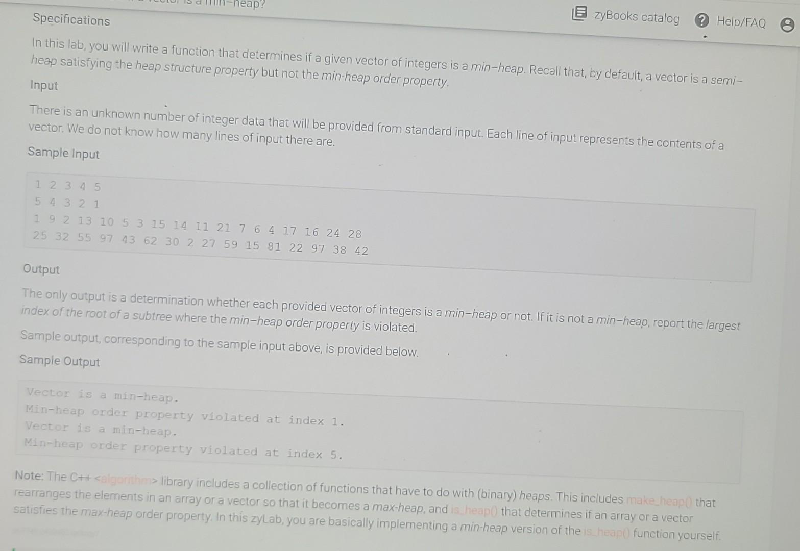 Solved heap? E zyBooks catalog ? Help/FAQ Specifications In | Chegg.com