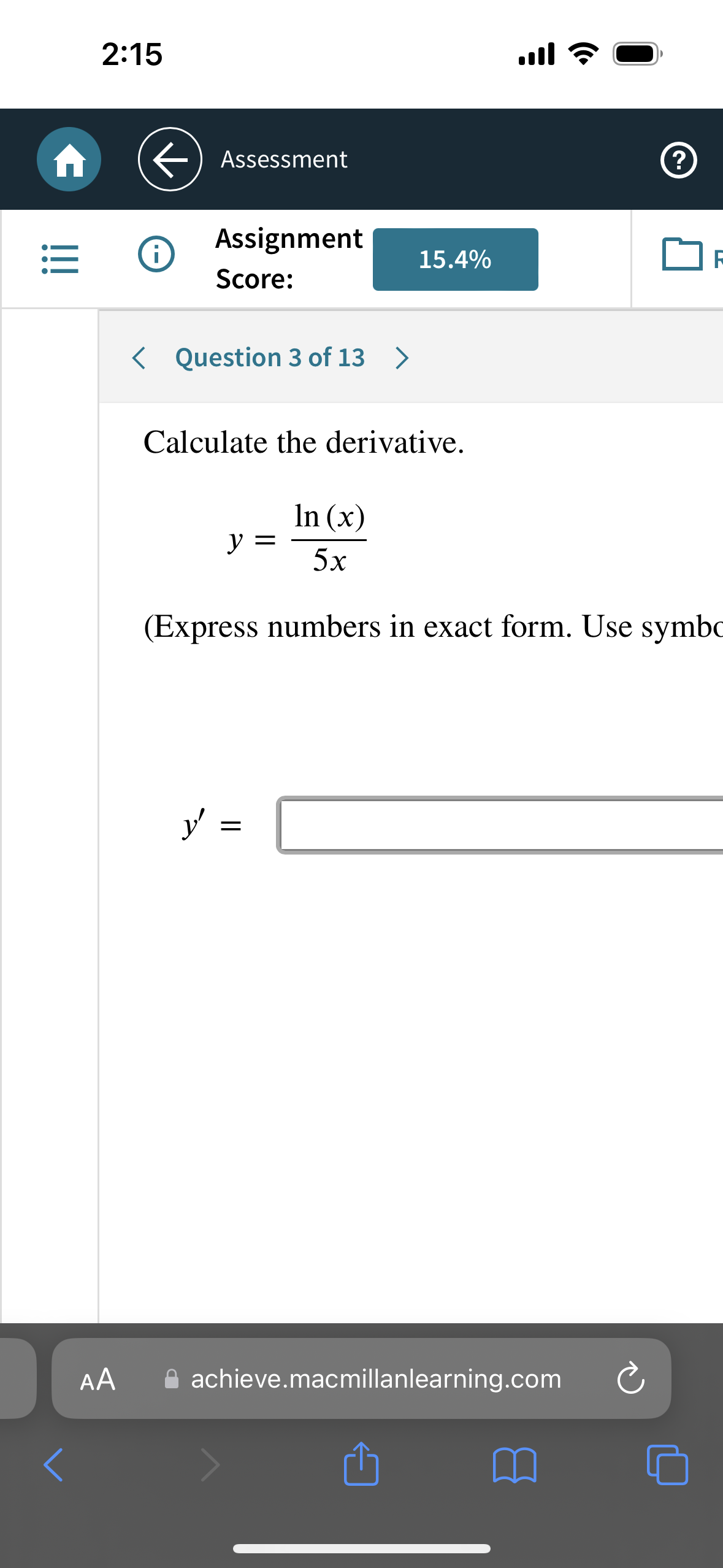 Solved Calculate the derivative.y=ln(x)5x(Express numbers in | Chegg.com