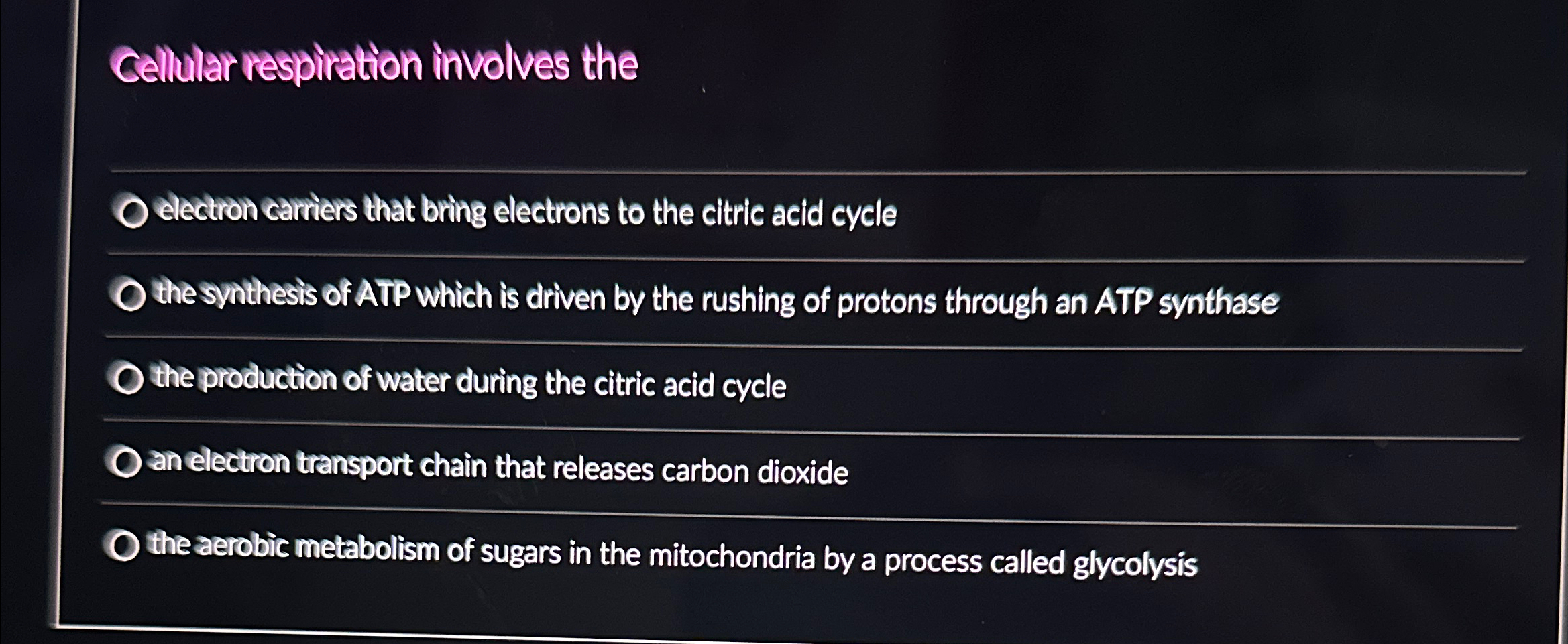 Solved Cellular respiration involves theelectron carriers | Chegg.com