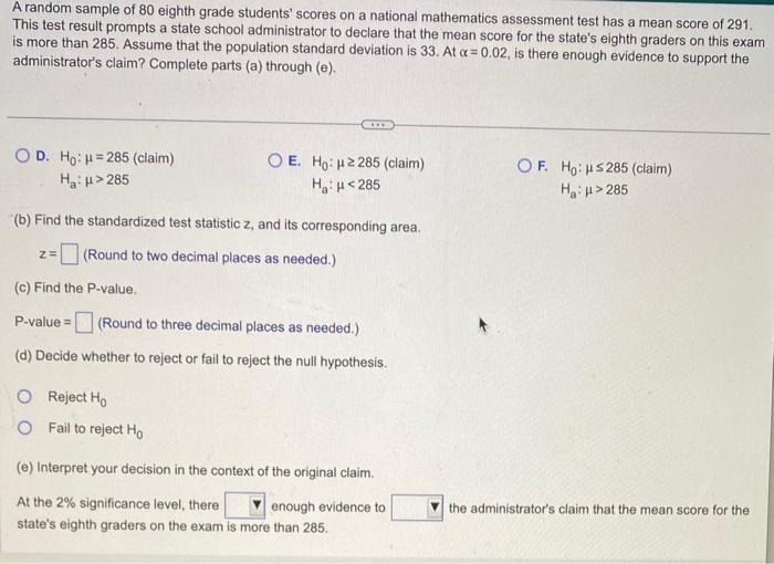 Solved A random sample of 80 eighth grade students' scores | Chegg.com