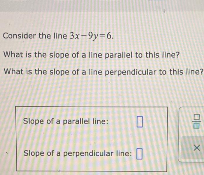 Solved Consider the line 3x-9y=6. What is the slope of a | Chegg.com