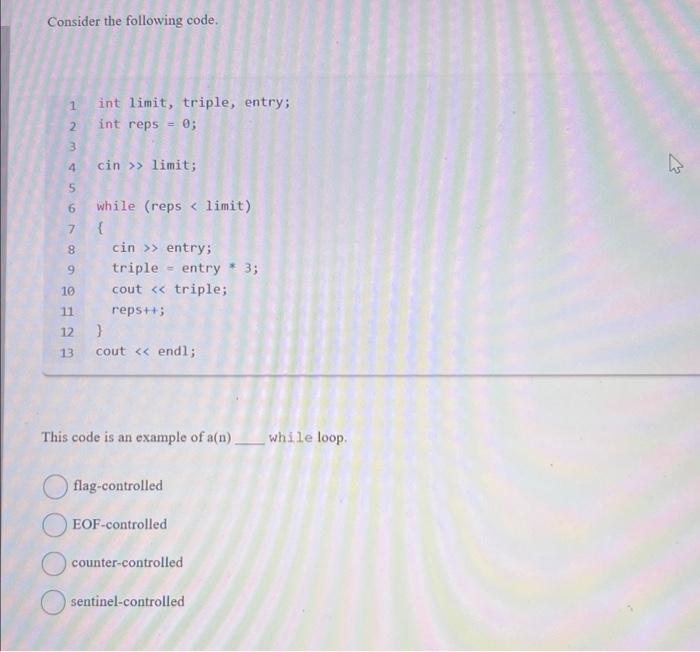 Solved Consider the following code. 1 int limit, triple, | Chegg.com