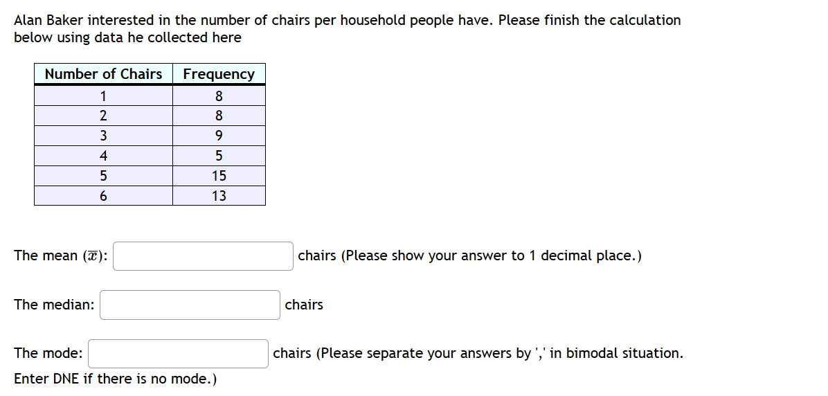 Solved Alan Baker interested in the number of chairs per | Chegg.com