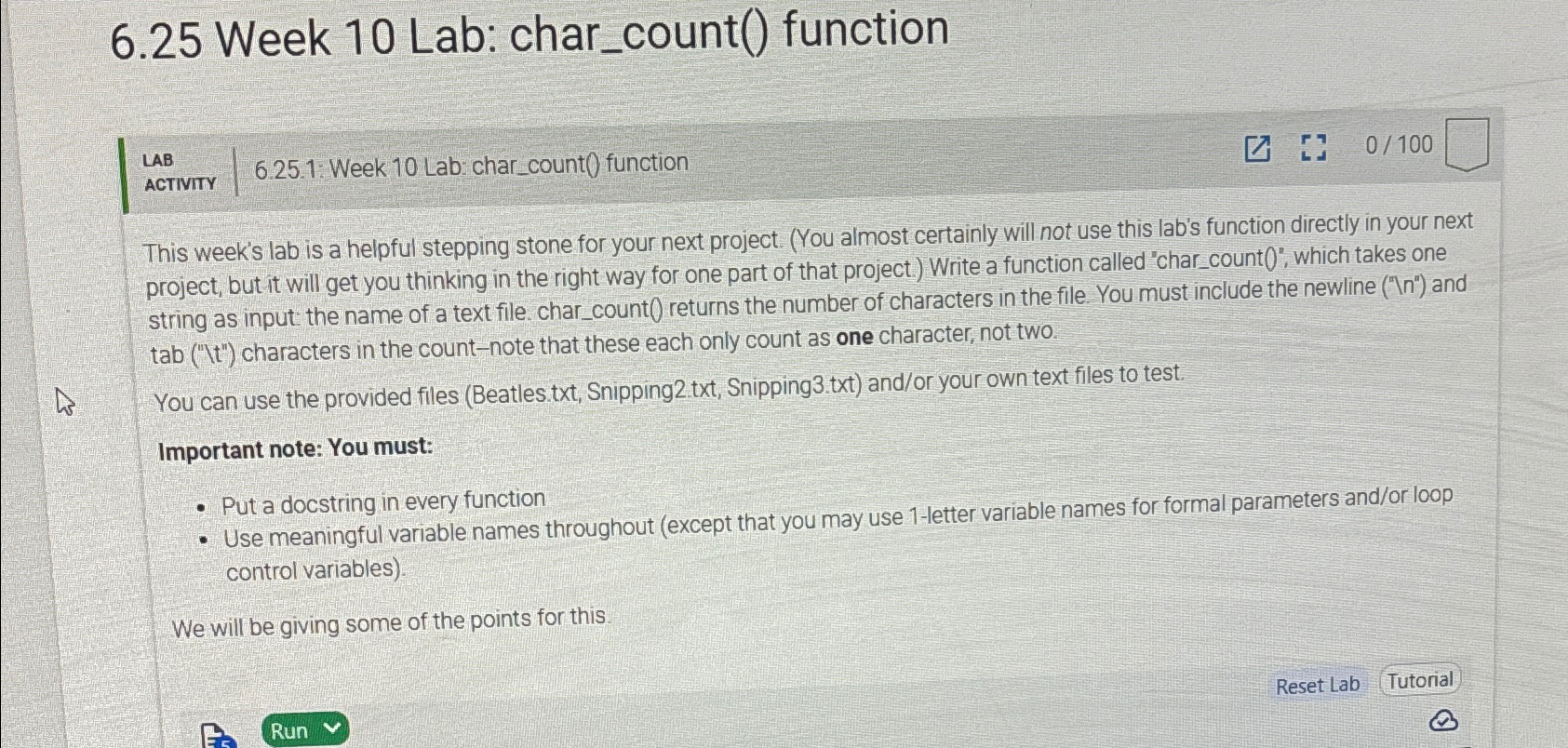 Solved 6.25 ﻿Week 10 ﻿Lab: char_count() ﻿functionLAB | Chegg.com