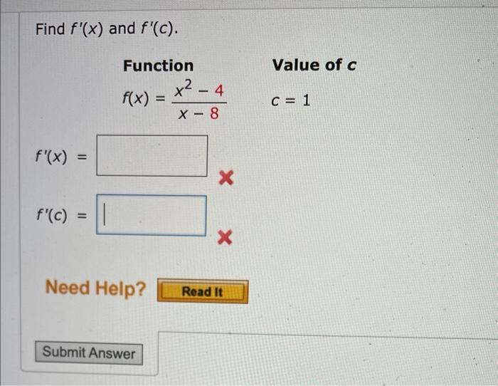Solved Find f′(x) and f′(c) Function Value of c | Chegg.com