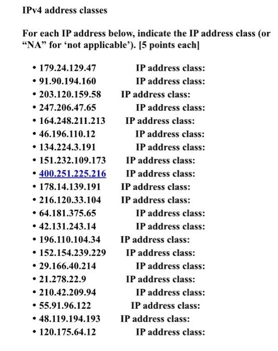 Solved IPv4 address classes lass (or | Chegg.com