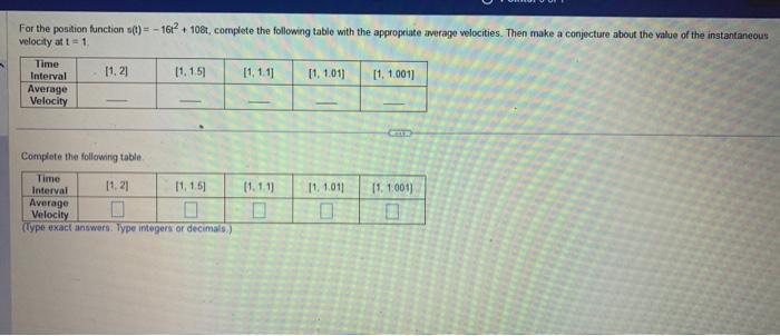 Solved For the position function s(t) =−16t2+108t, complete | Chegg.com