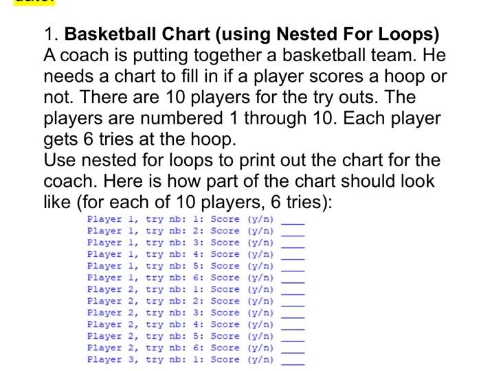 Solved 1. Basketball Chart (using Nested For Loops) A coach | Chegg.com
