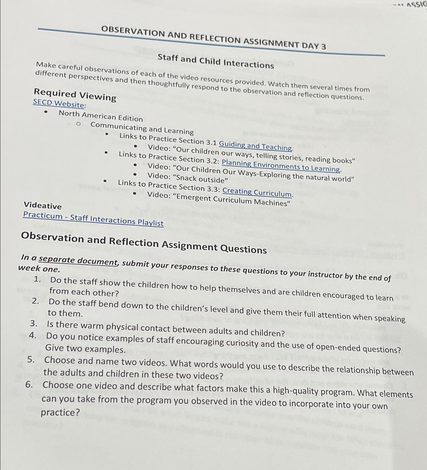 Solved OBSERVATION AND REFLECTION ASSIGNMENT DAY 3Staff and | Chegg.com