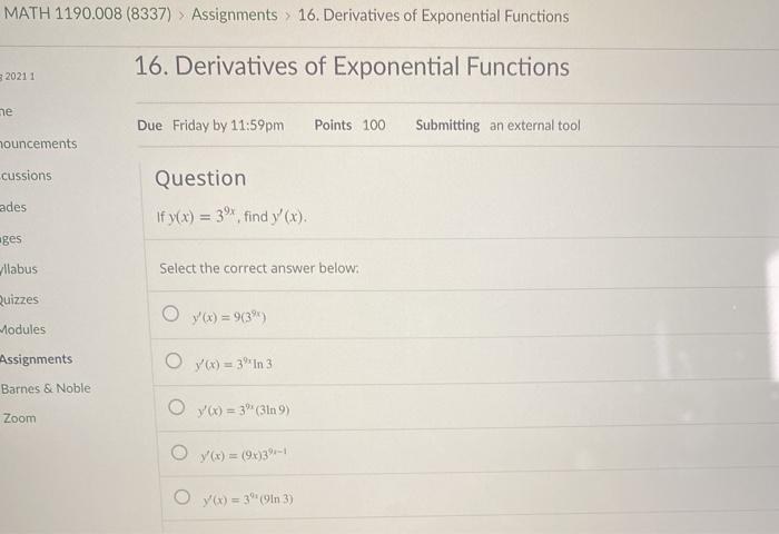 Solved MATH 1190.008 (8337) > Assignments > 16. Derivatives | Chegg.com