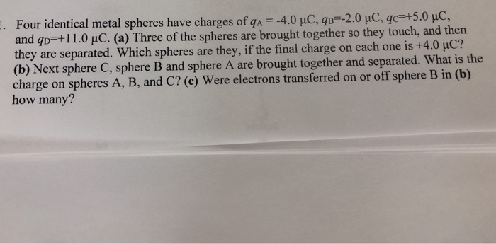 Solved Four identical metal spheres have charges of qa = | Chegg.com