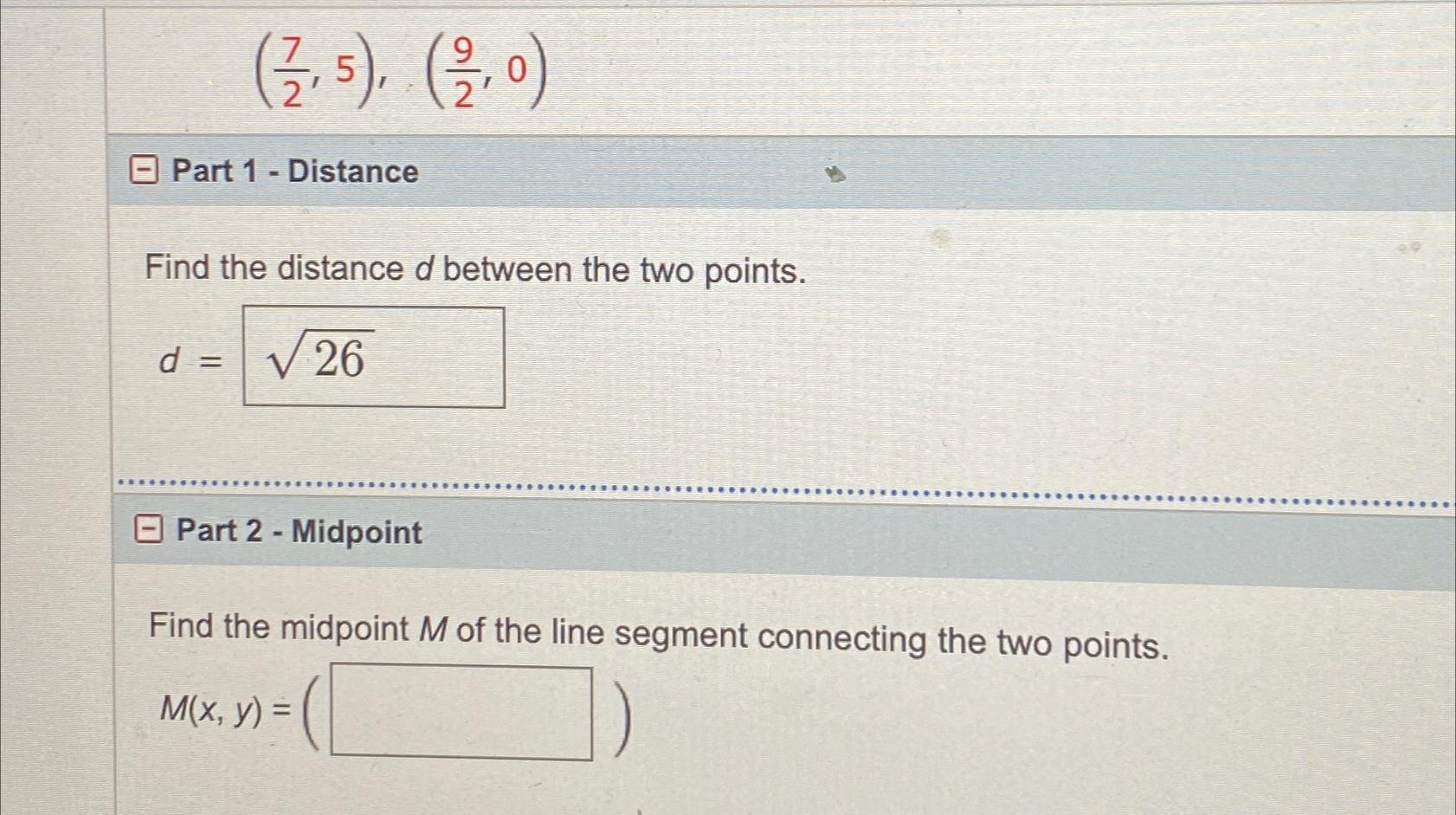 Solved (72,5),(92,0)Part 1 - ﻿DistanceFind the distance d | Chegg.com