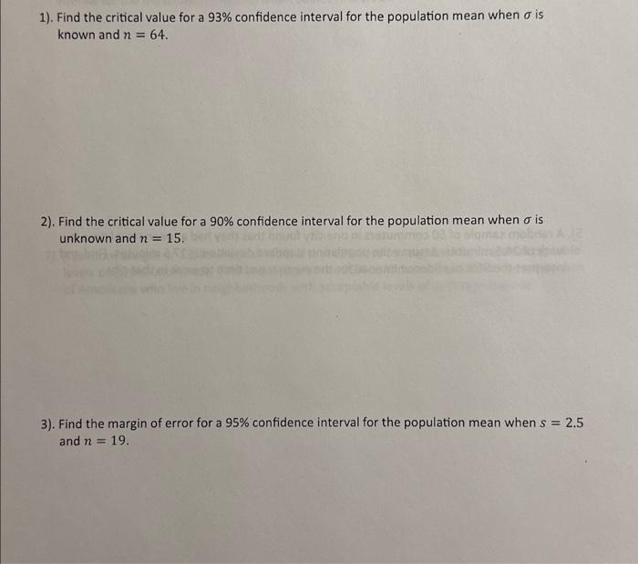 Solved 1). Find the critical value for a 93% confidence | Chegg.com