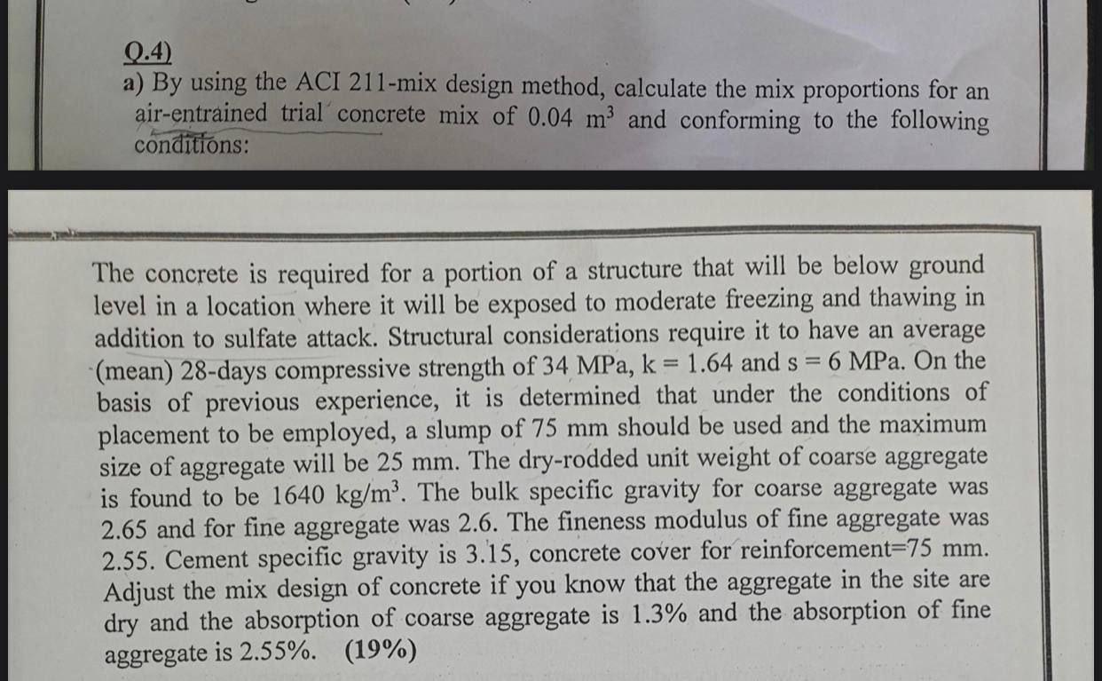 Q.4) a) By using the ACI 211-mix design method, | Chegg.com