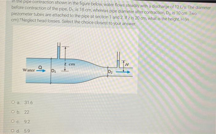 Solved in the pipe contraction shown in the figure below, | Chegg.com
