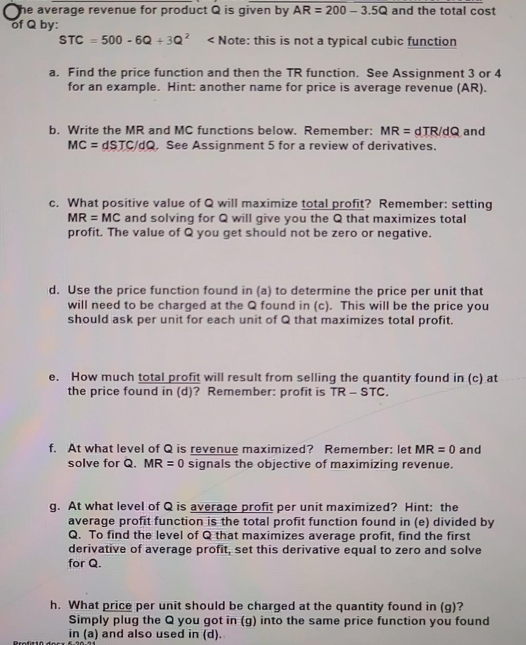 Solved The average revenue for product Q is given by | Chegg.com