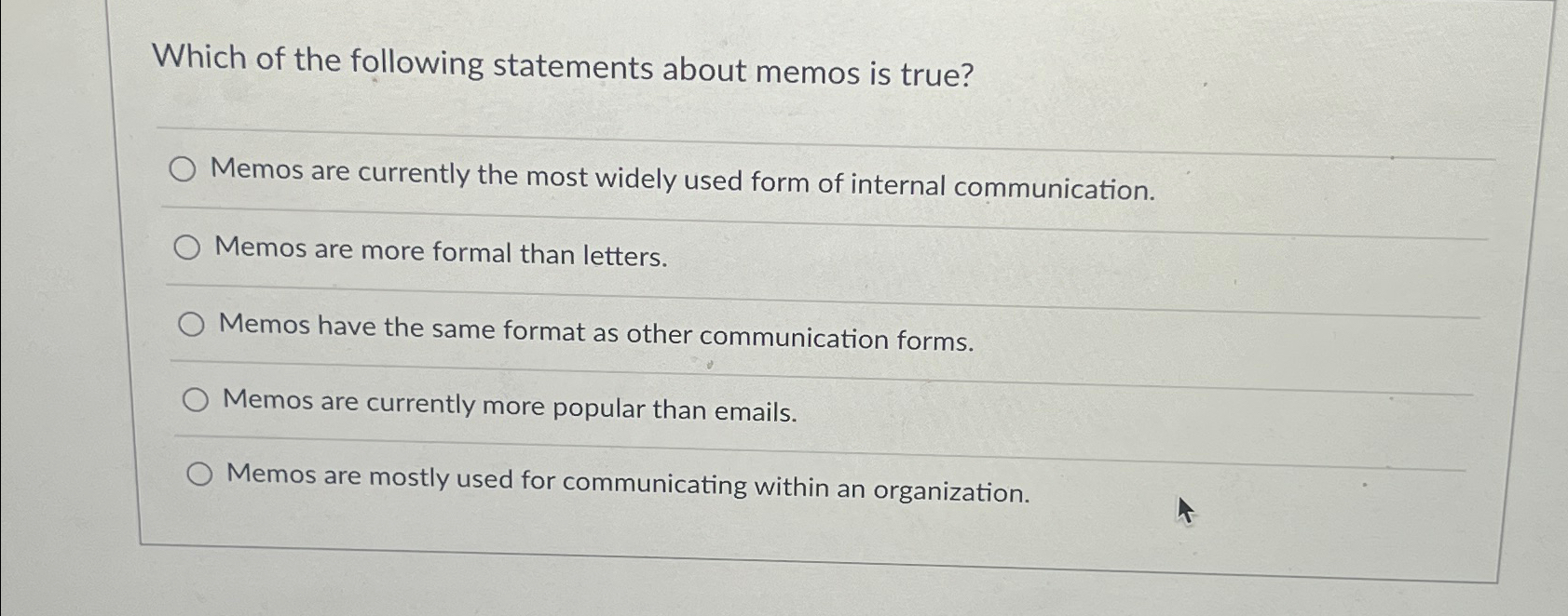 Solved Which of the following statements about memos is | Chegg.com