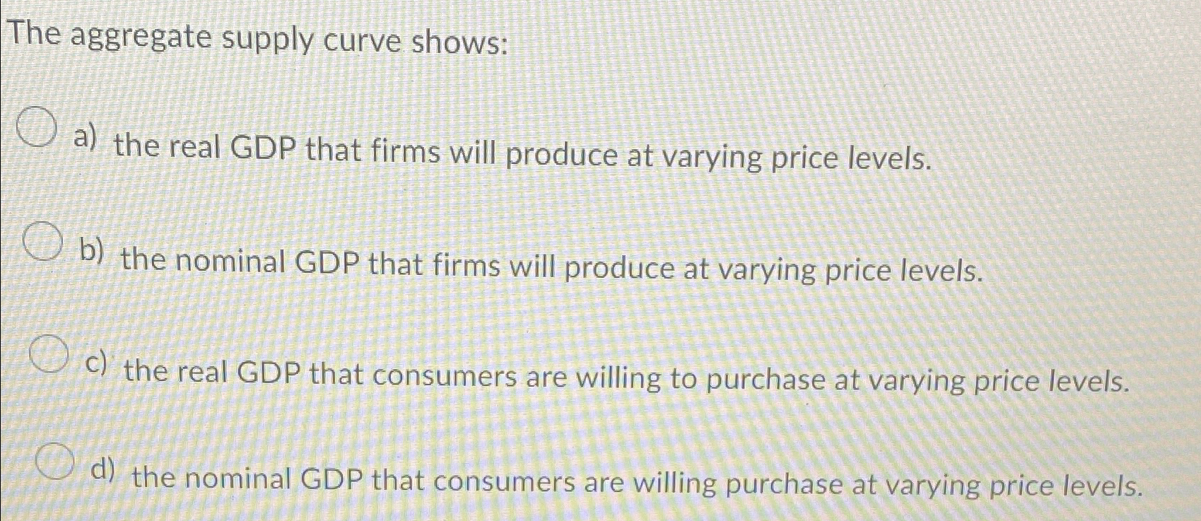 Solved The aggregate supply curve shows:a) ﻿the real GDP | Chegg.com