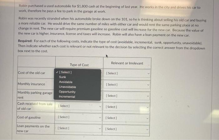 Solved Robin purchased a used automobile for $1,800 cash at | Chegg.com