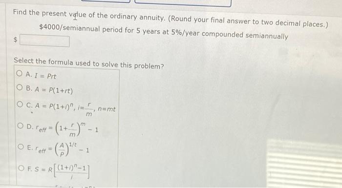Solved Find the present value of the ordinary annuity. | Chegg.com