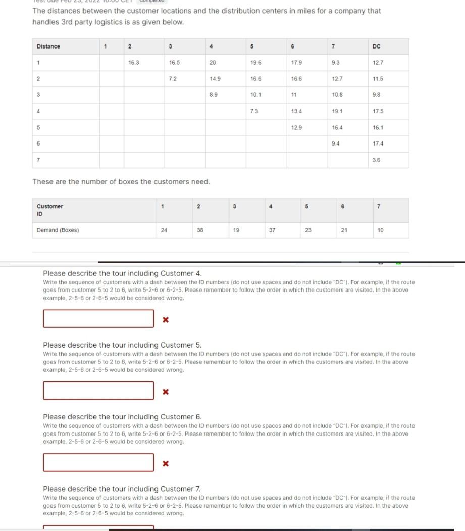 Solved The distances between the customer locations and the | Chegg.com