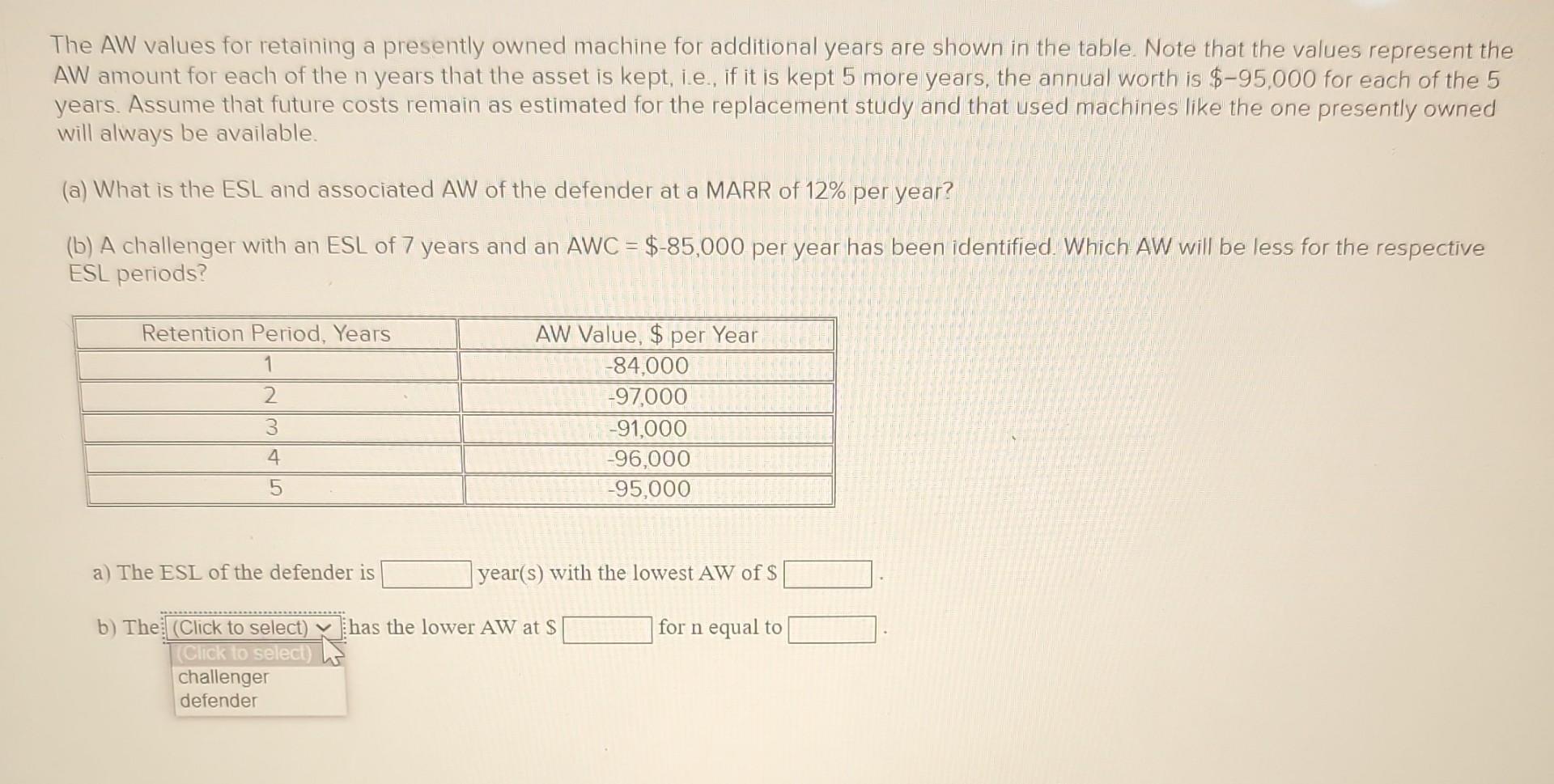 The AW values for retaining a presently owned machine | Chegg.com