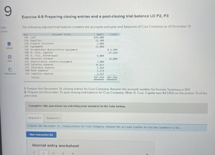 Solved Exercise 4-9 Preparing closing entries and a | Chegg.com