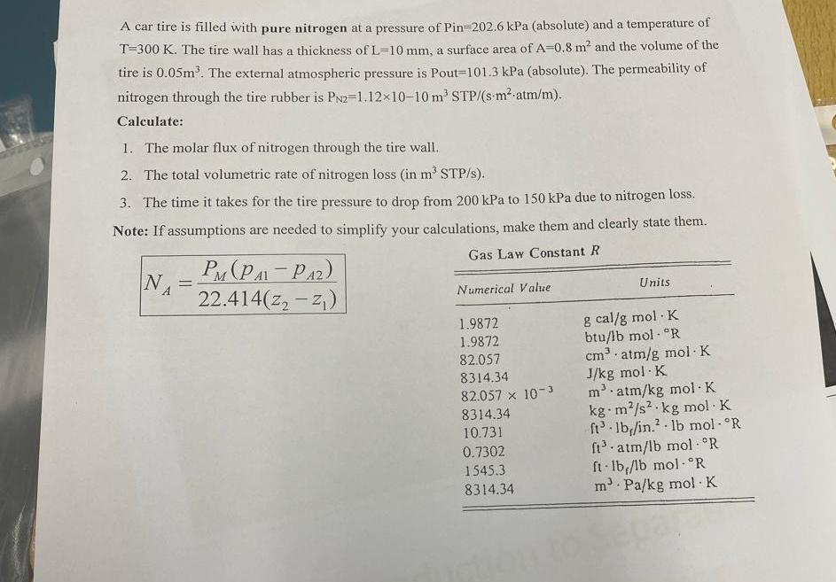 Solved A car tire is filled with pure nitrogen at a pressure | Chegg.com